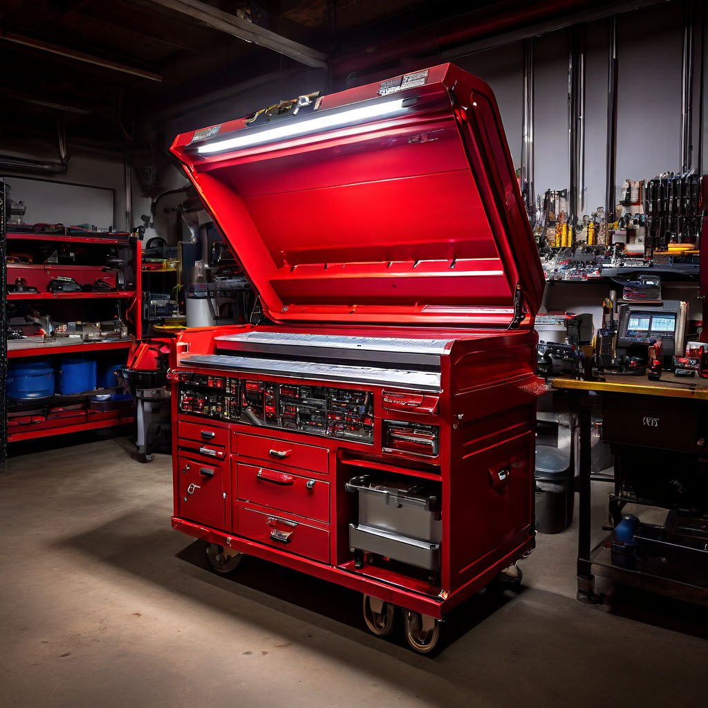 A red snap-on tool box that is in a mechanics shop. it is ab... by ...
