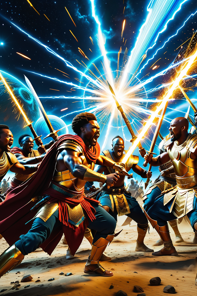 Cinematic shot of intense battle scene with many african war... by ...