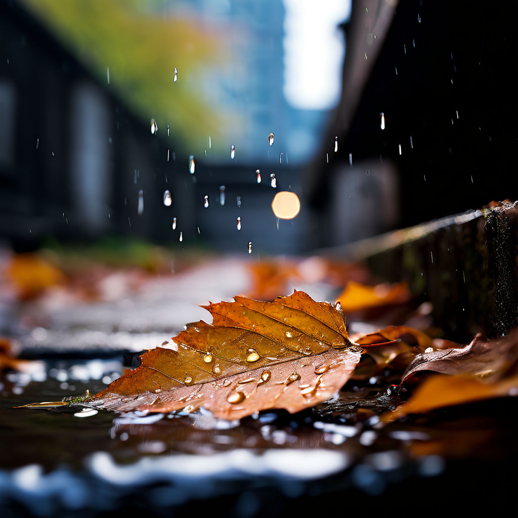 Raining water falling on fallen leave with building backgrou... by G ...