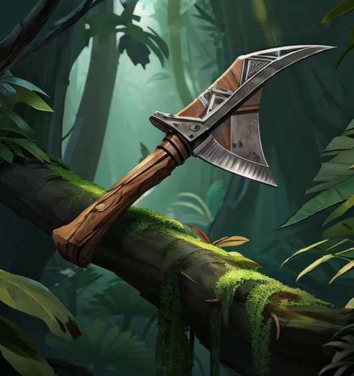 Tree cutter axe sticks in a tree in a jungle concept art pai... by ...