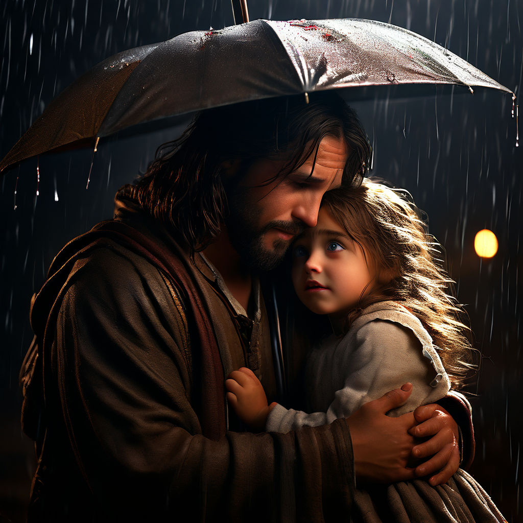 Jesus hugging a crying little girl with crying umbrella by GM Contents ...