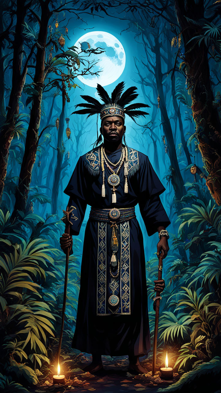 "Create a realistic illustration of a Voodoo priest standing... by ...