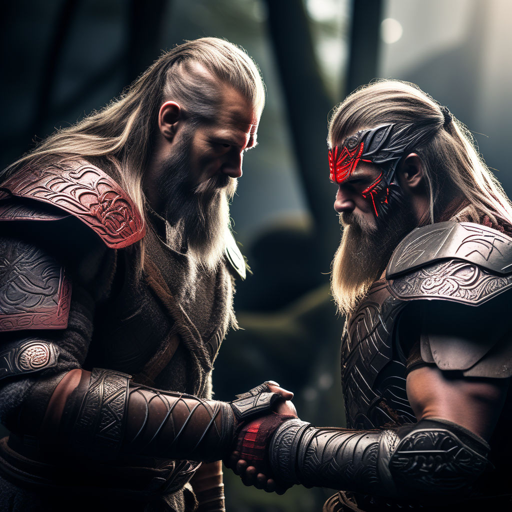 A fully armoured Viking shaking hands with kraton by looking... by ...