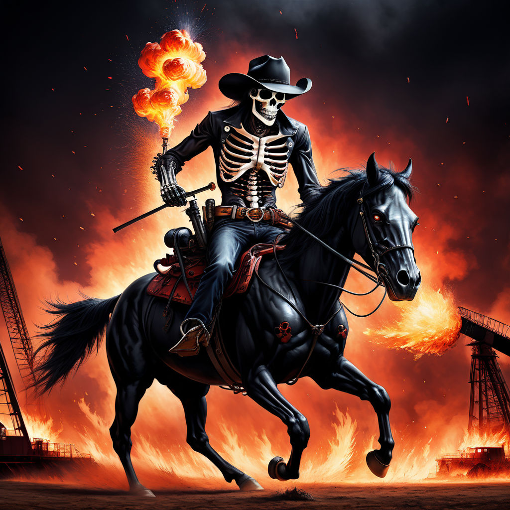 Demonic cowboy skeleton riding a black horse with a firery e... by ...