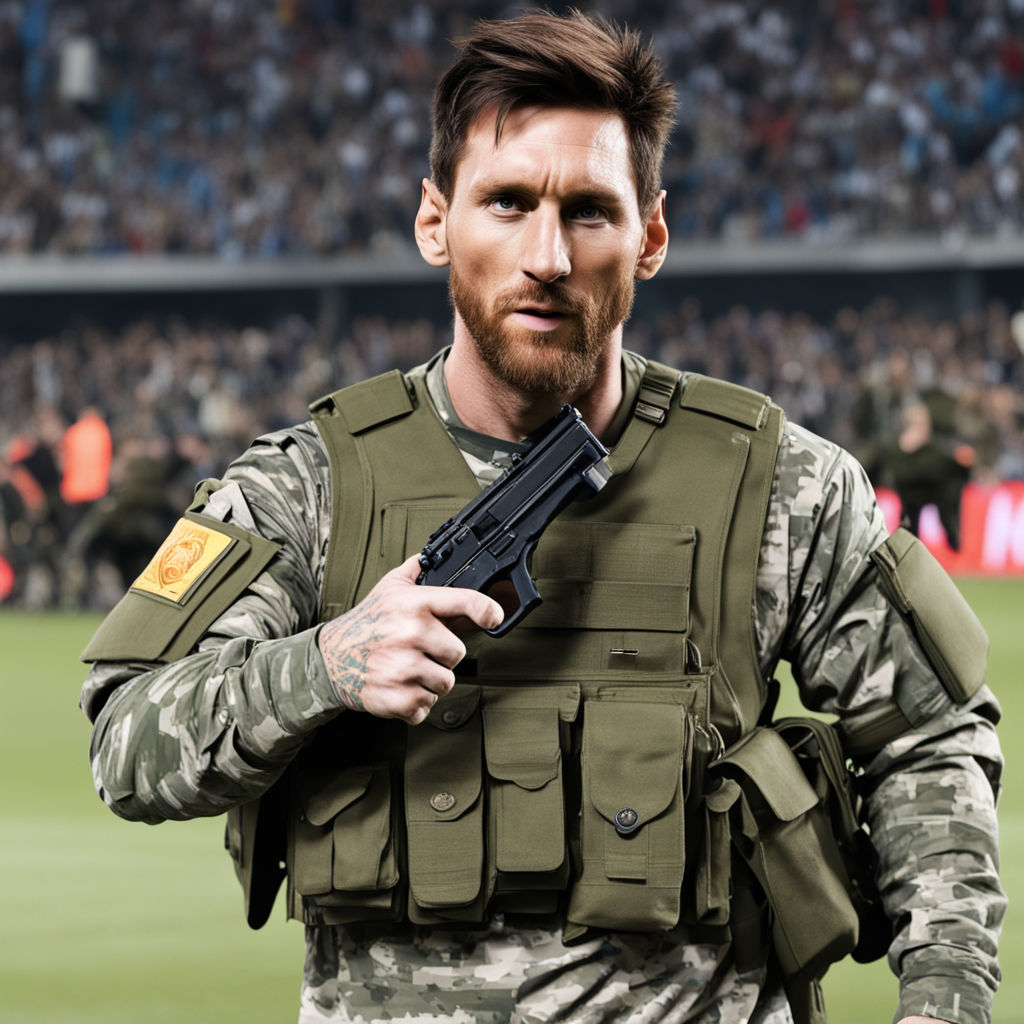 Messi puting on army clothes carrying a gun and pointing str... by Uuu ...