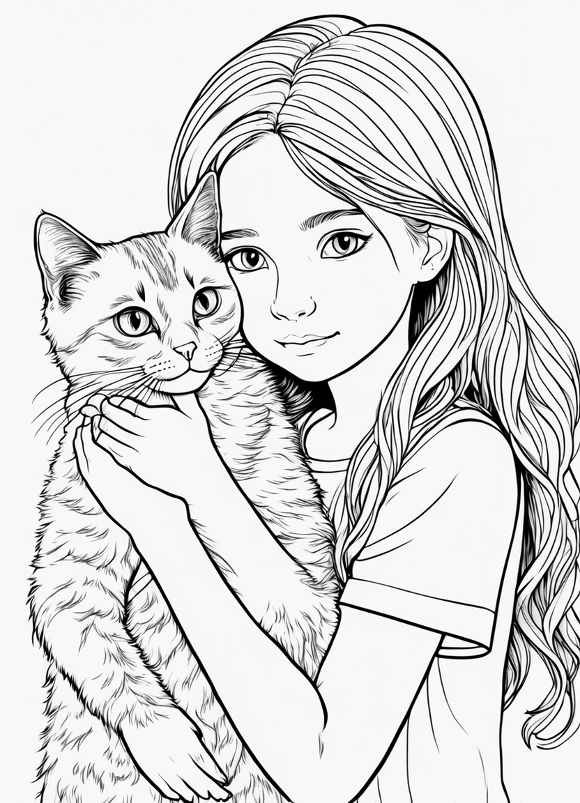 Cute girl cuddling a cat bold and easy coloring page by Sx arabika ...