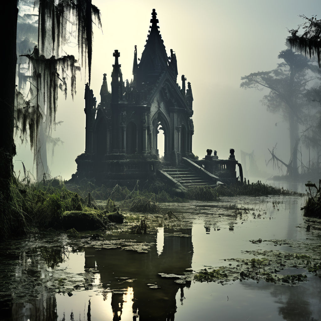 Ruined expansive Gothic tomb on island in swamp by Nicolas Schiller ...
