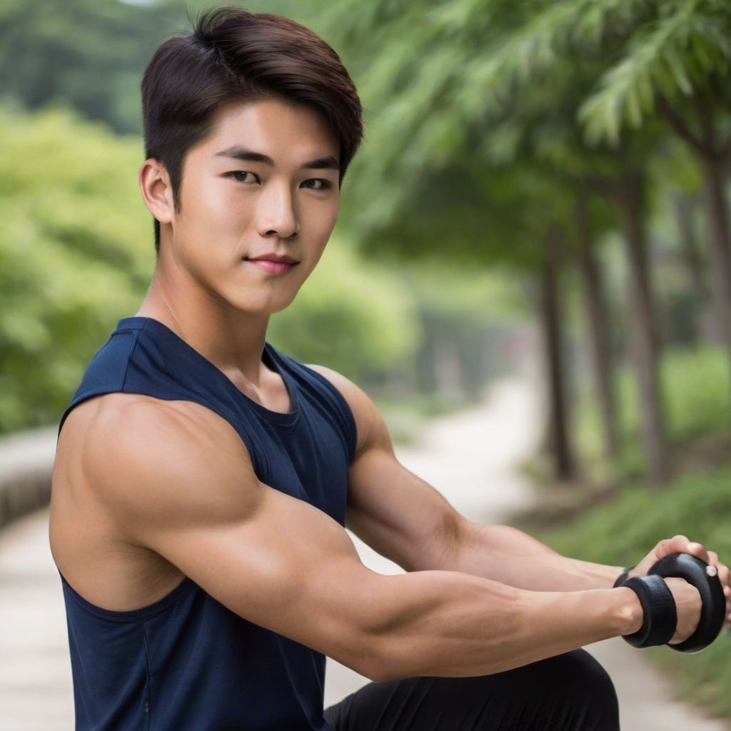 Young Asian teenage boy showing off muscles by Taha Rizvi - Playground