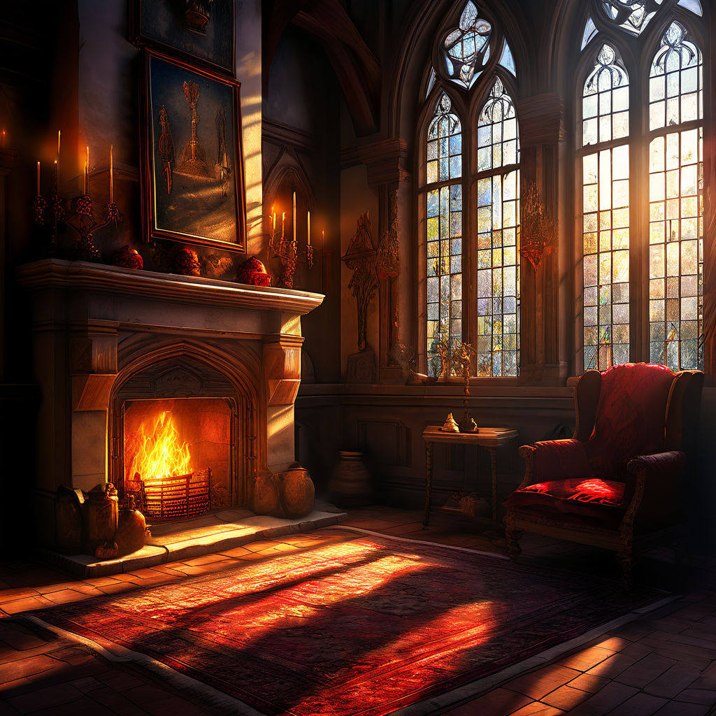 A small room in a medieval castle with a fireplace and coats... by ...