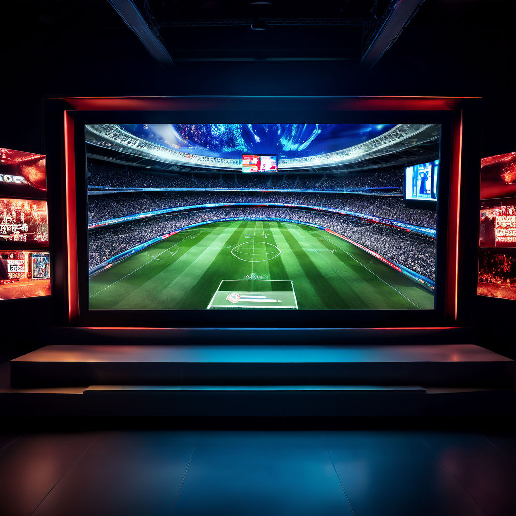 A studio presenting football news with a TV screen as its ba... by ...