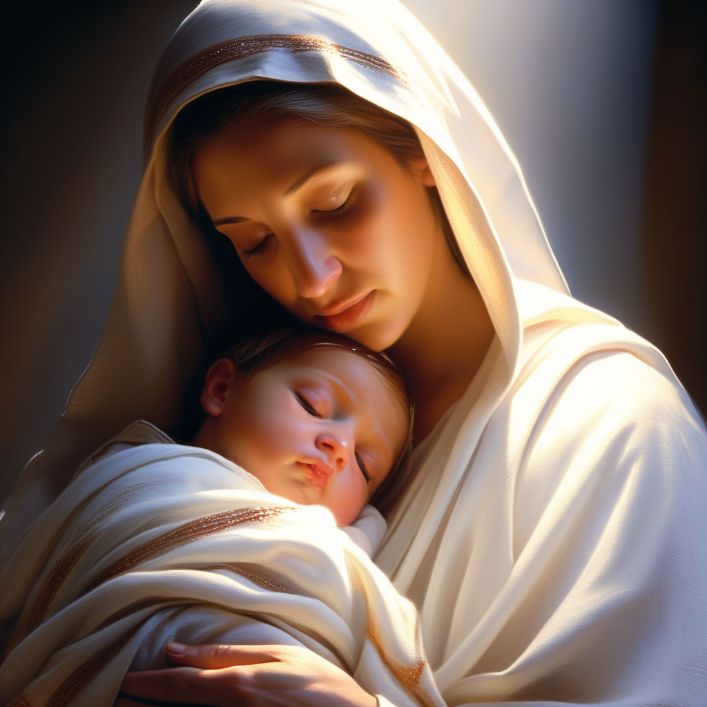 An emotional close-up of Mary holding baby Jesus by Santos Marketing ...
