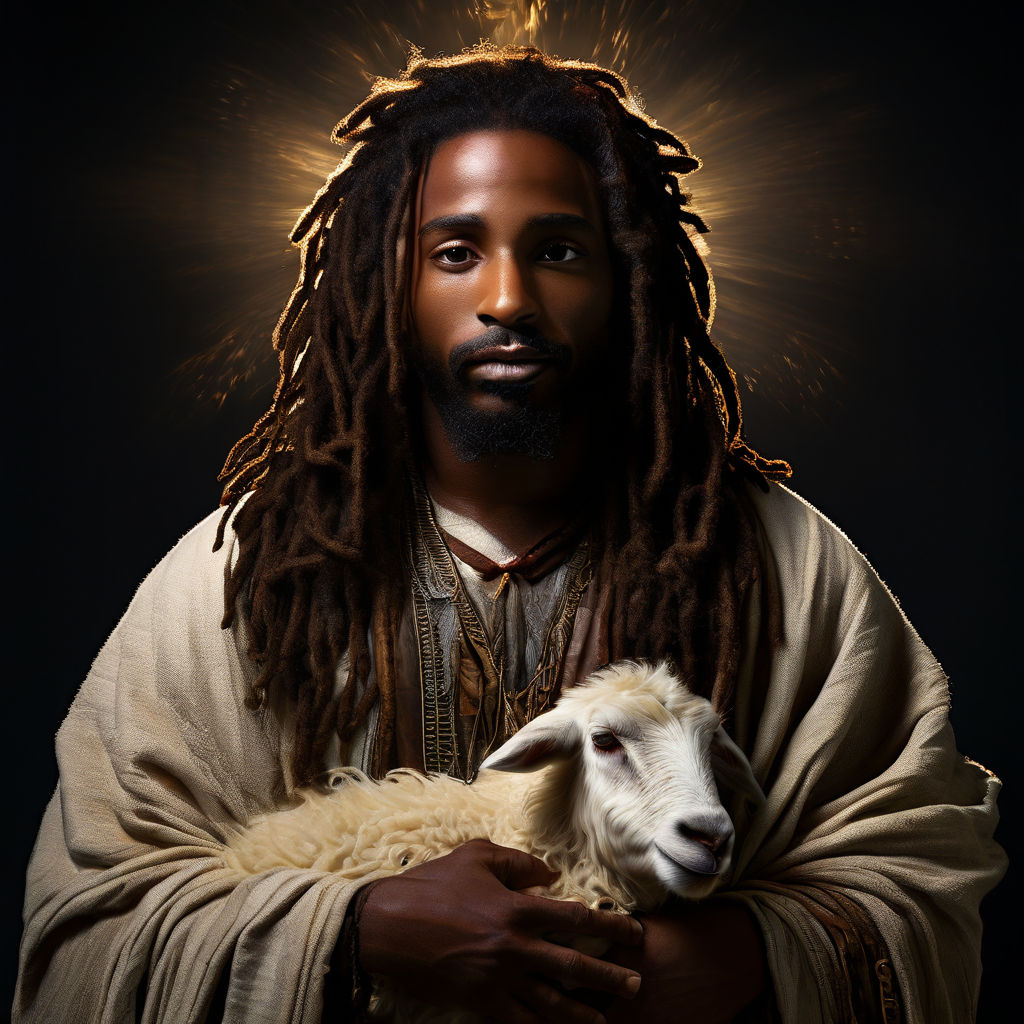 Black Jesus with dreadlocks holding a lamb by Henry Yatich - Playground