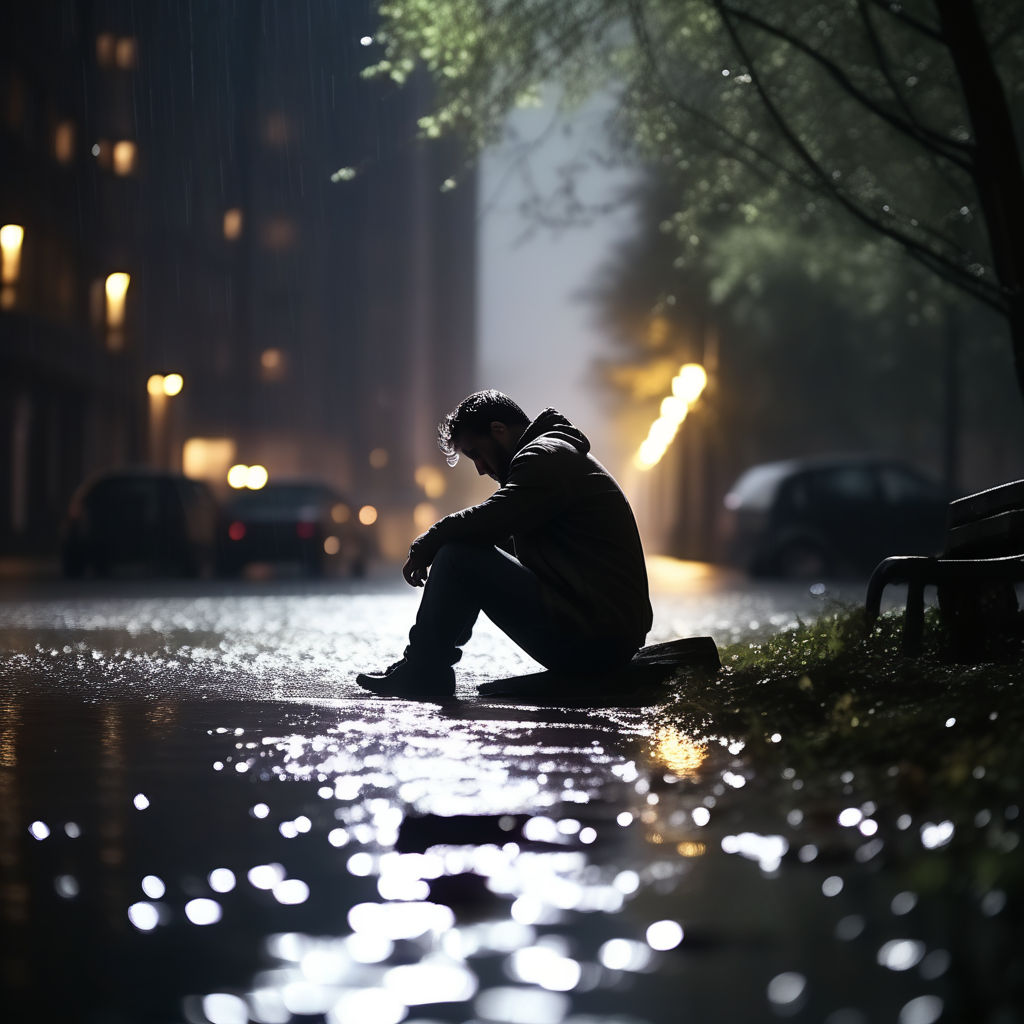 Sad and alone man crying in the dark. Cinematic view by Hasyam ...