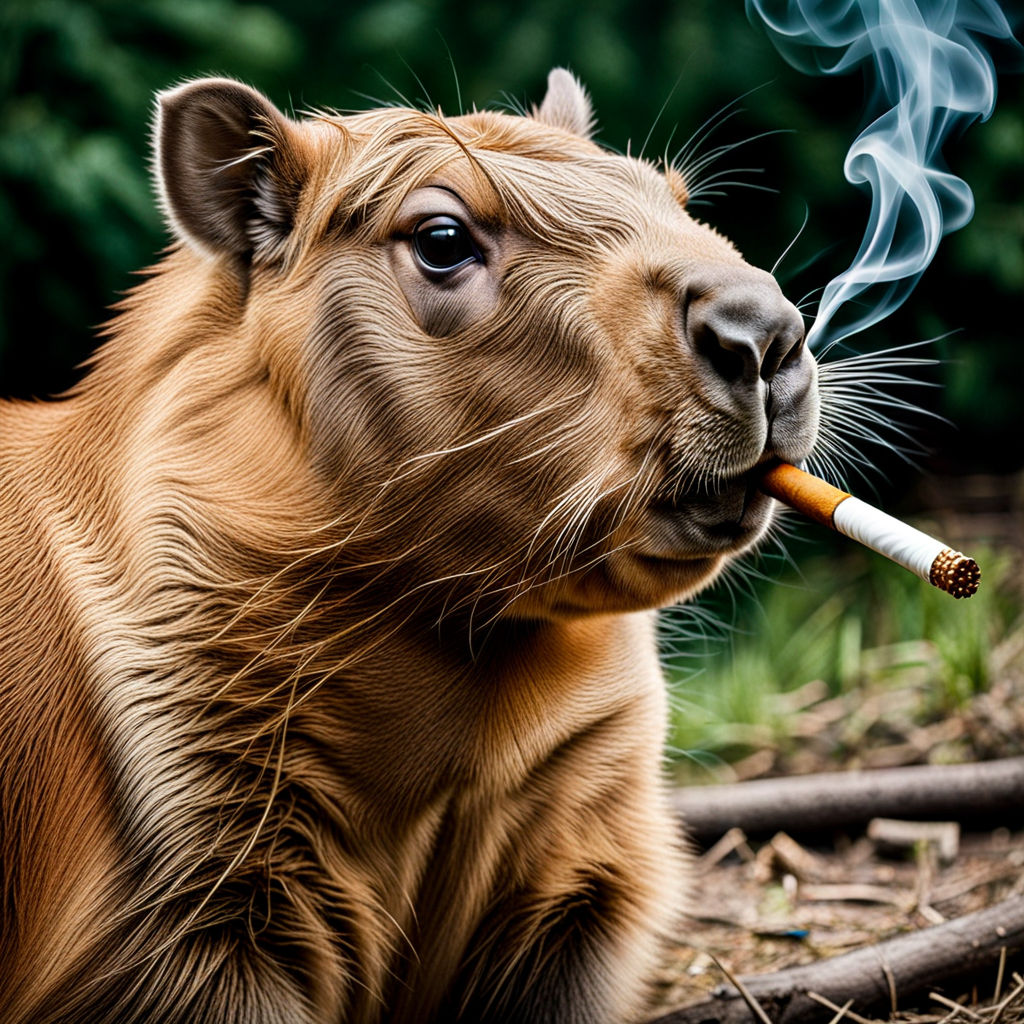 A photorealistic picture of a capybara smoking a cig by Michael Baka ...