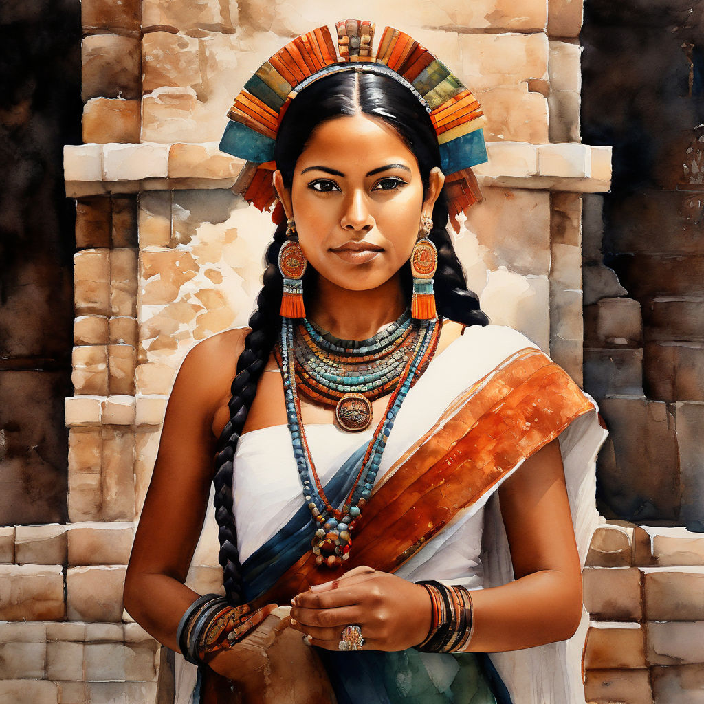 A watercolor painting of an ancient Mayan woman in full cere... by ...