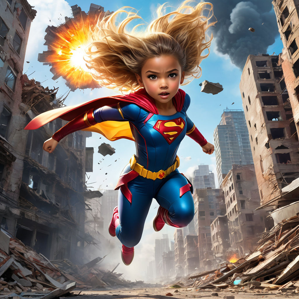 A realistic young child superheroine in a dynamic action sce... by ...