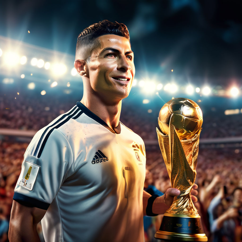 Iconic Cristiano Ronaldo jubilantly holding the FIFA World C... by ...