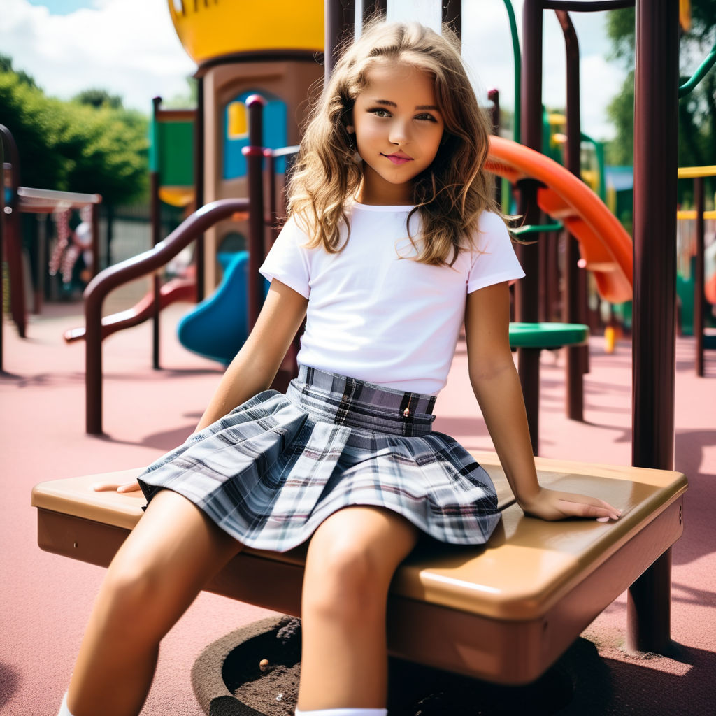 Cute petite preteen girl wearing a miniskirt manspreading in... by ...