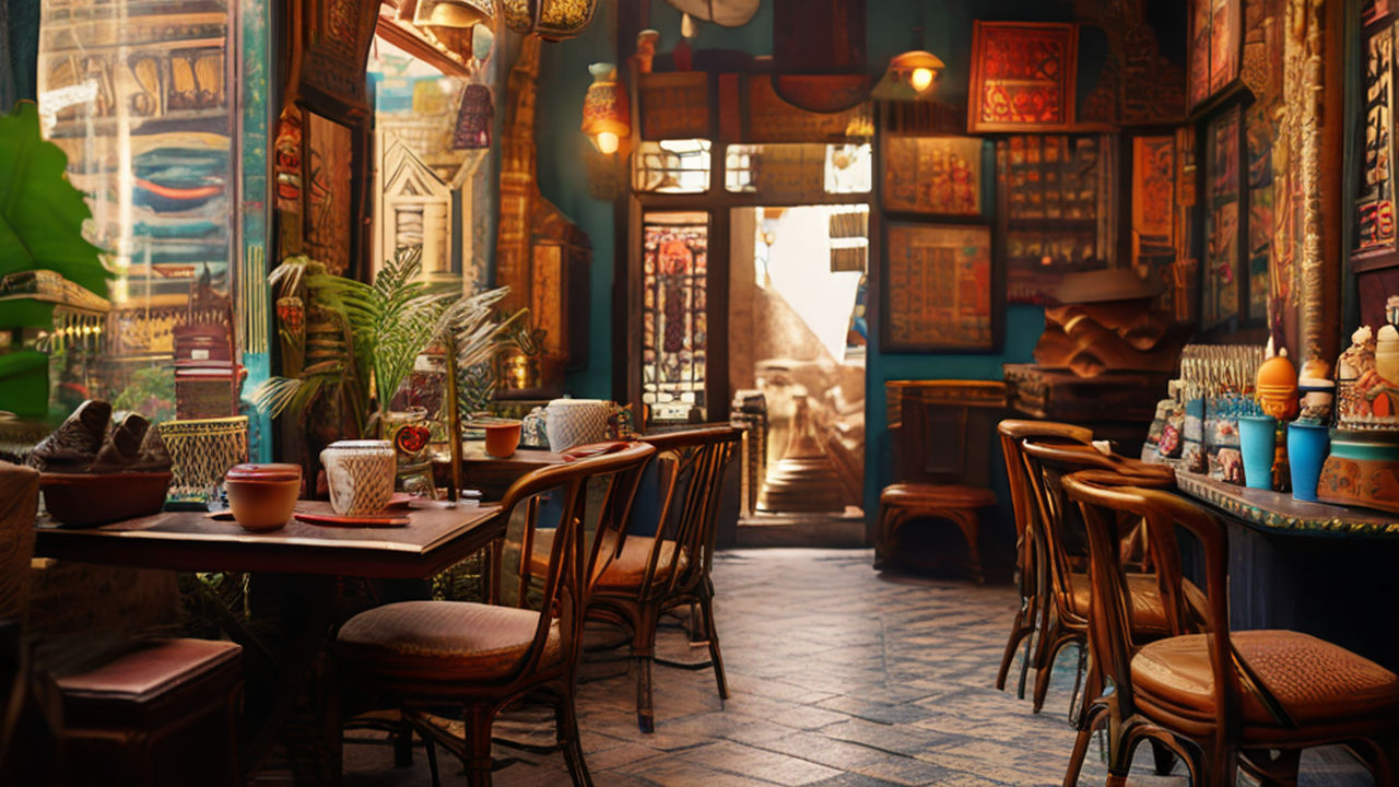 "A traditional Egyptian café with wooden chairs and small ta... by ...