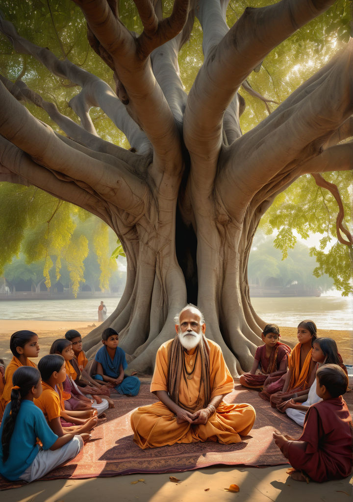 An ancient Indian guru seated cross-legged under the sprawli... by ...