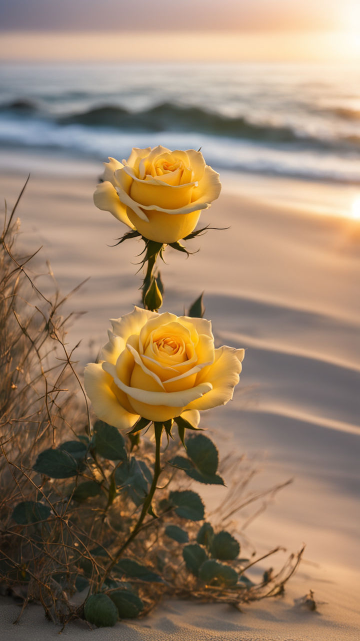 Yellow roses bloom on a dune covered with grass. Their delic... by ...
