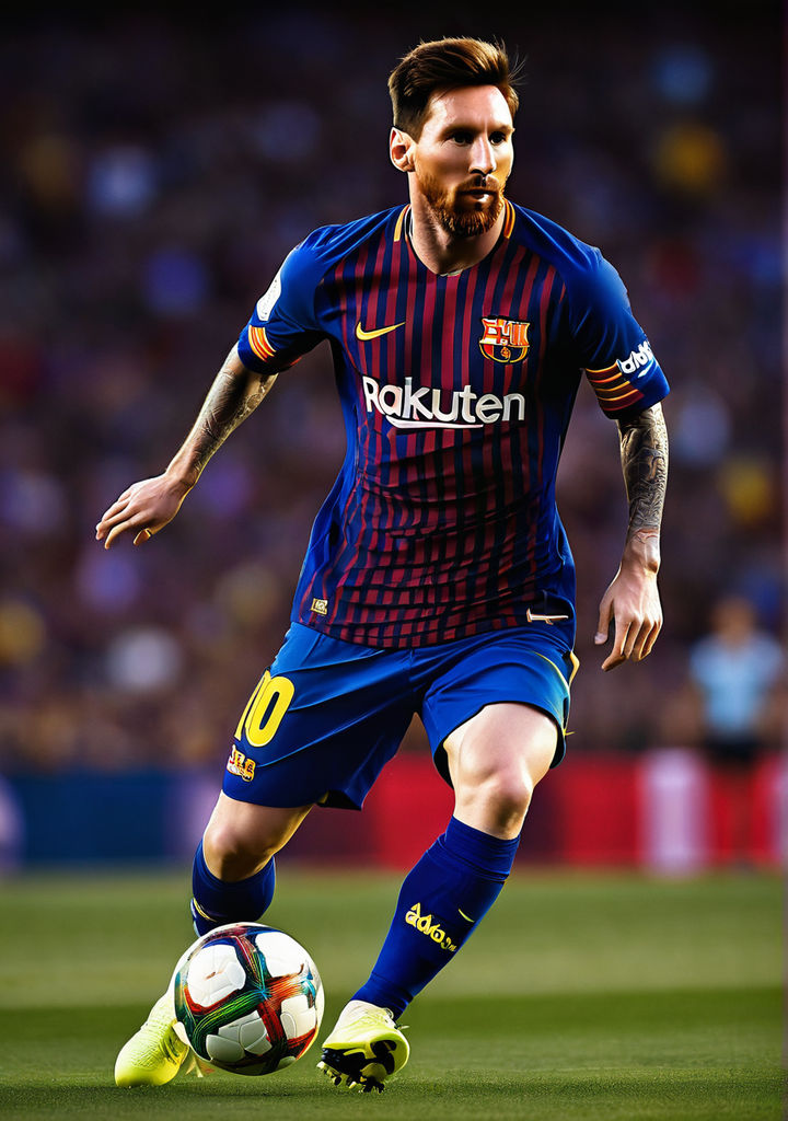 Lionel Messi clad in the iconic blue and garnet striped unif... by ...