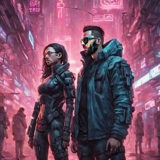Cyberpunk man stands in the middle and above her stand her g... by ...