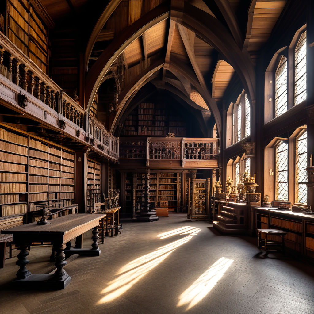 A small medieval library with many shelfs in a wooden room. by Isabelle ...