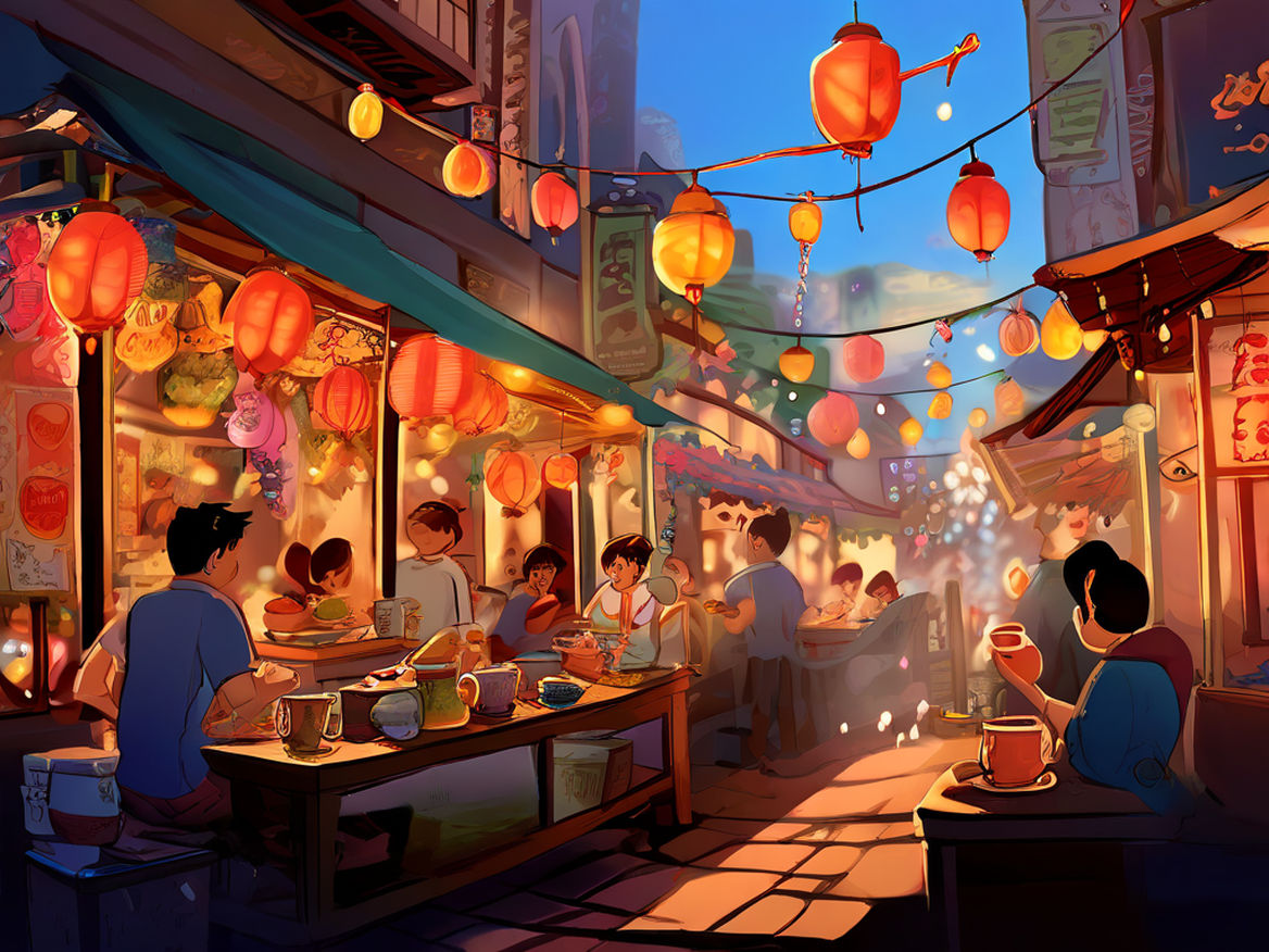 Cartoon-style tea stall bustling with animated patrons by Krishna Kant ...