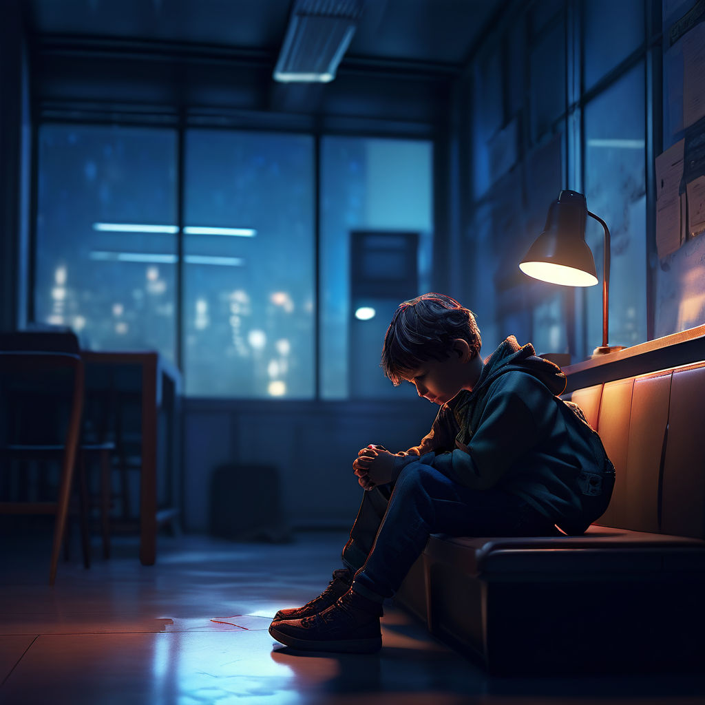 The child sitting alone in a dimly lit room at the police st... by Ravindra Gurjar - Playground