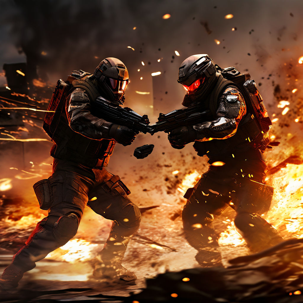 Two animated characters in a dynamic stance facing each othe... by ...