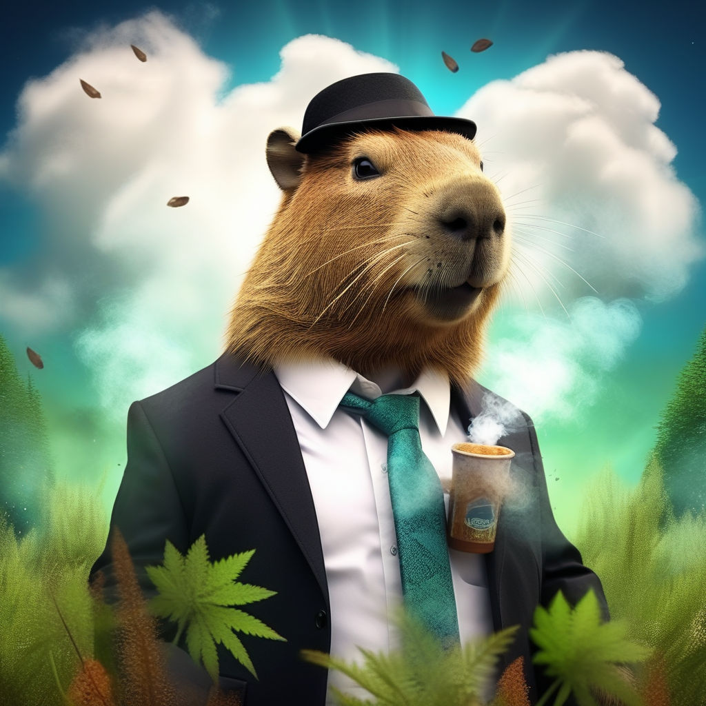 Make a capybara with joint smoking and happy and green backg... by ...