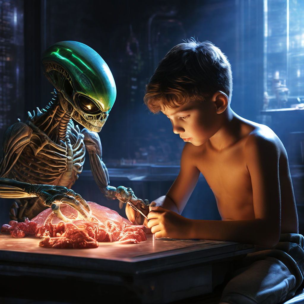 Aliens studying the anatomy of a human male child about 14 y... by ...