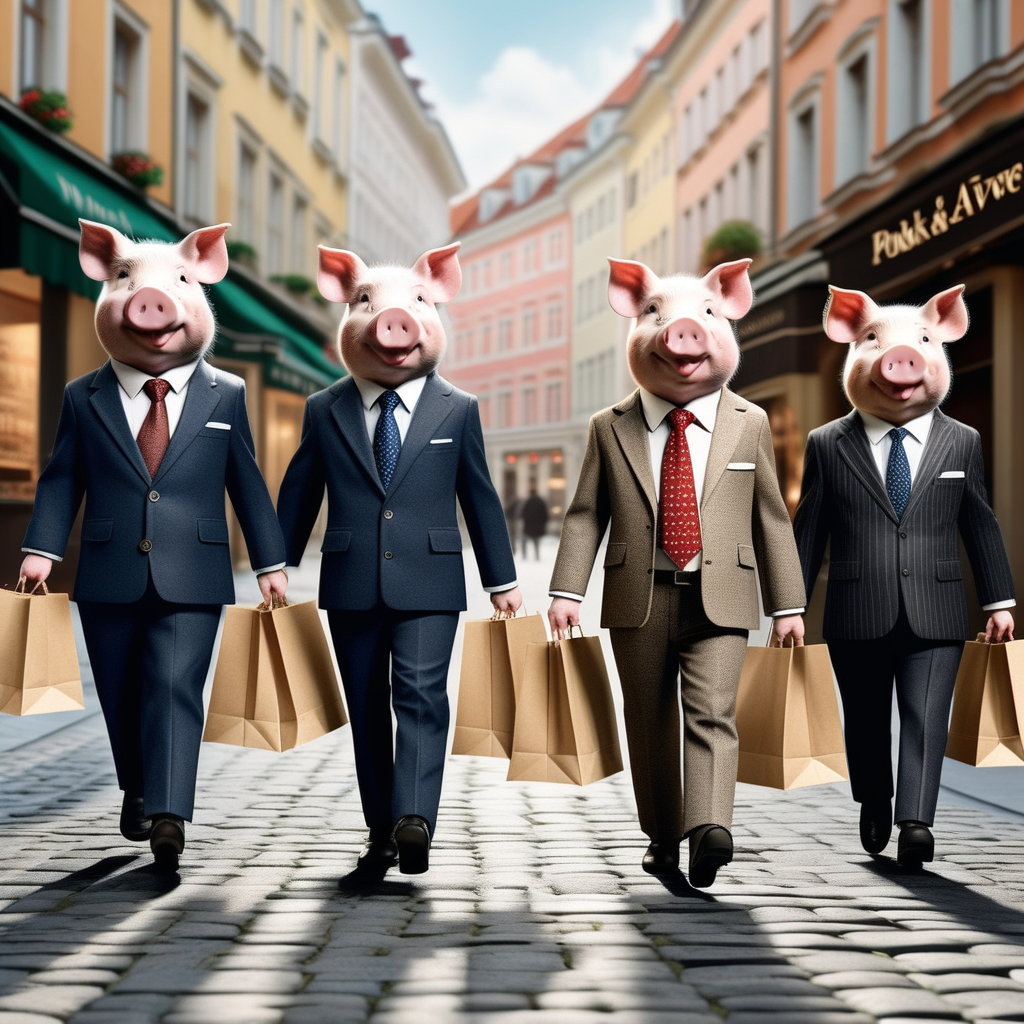 Photorealistic five grinning thin pigs with business suits a... by ...