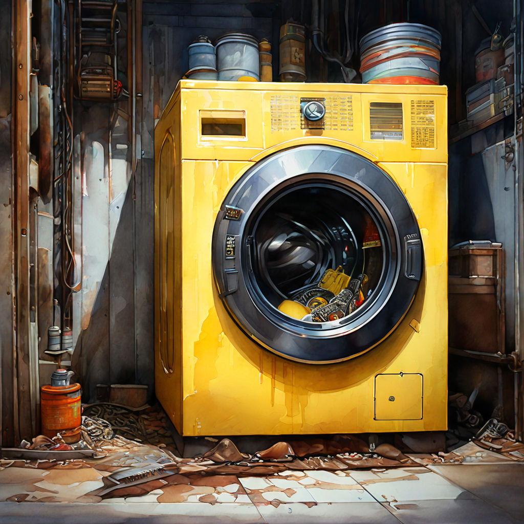 Some floors and walls are yellow and one washing machine by Seven ...