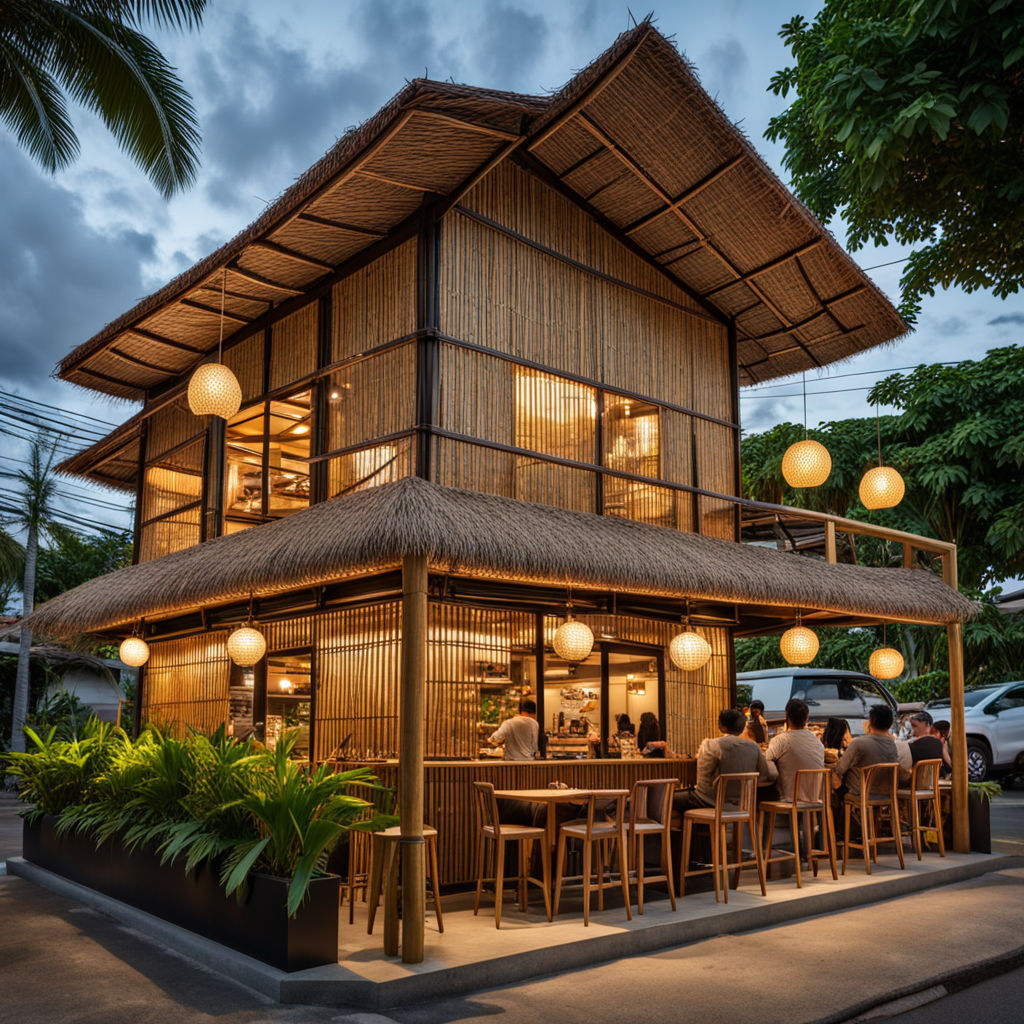 Two-storey traditional Filipino coffee shop facade with a mo... by Jennilyn Mendoza - Playground