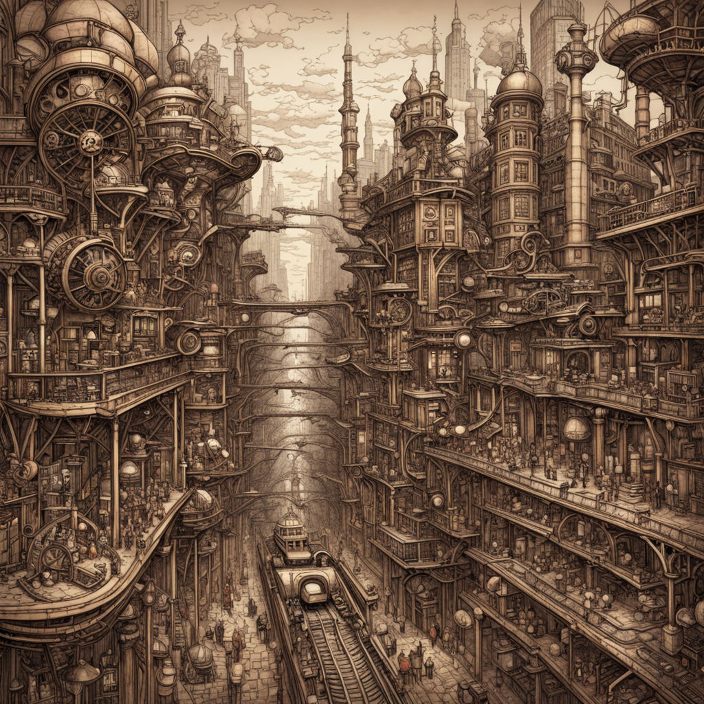 Mechanical city sprawled across a parchment map by 狮子candy - Playground