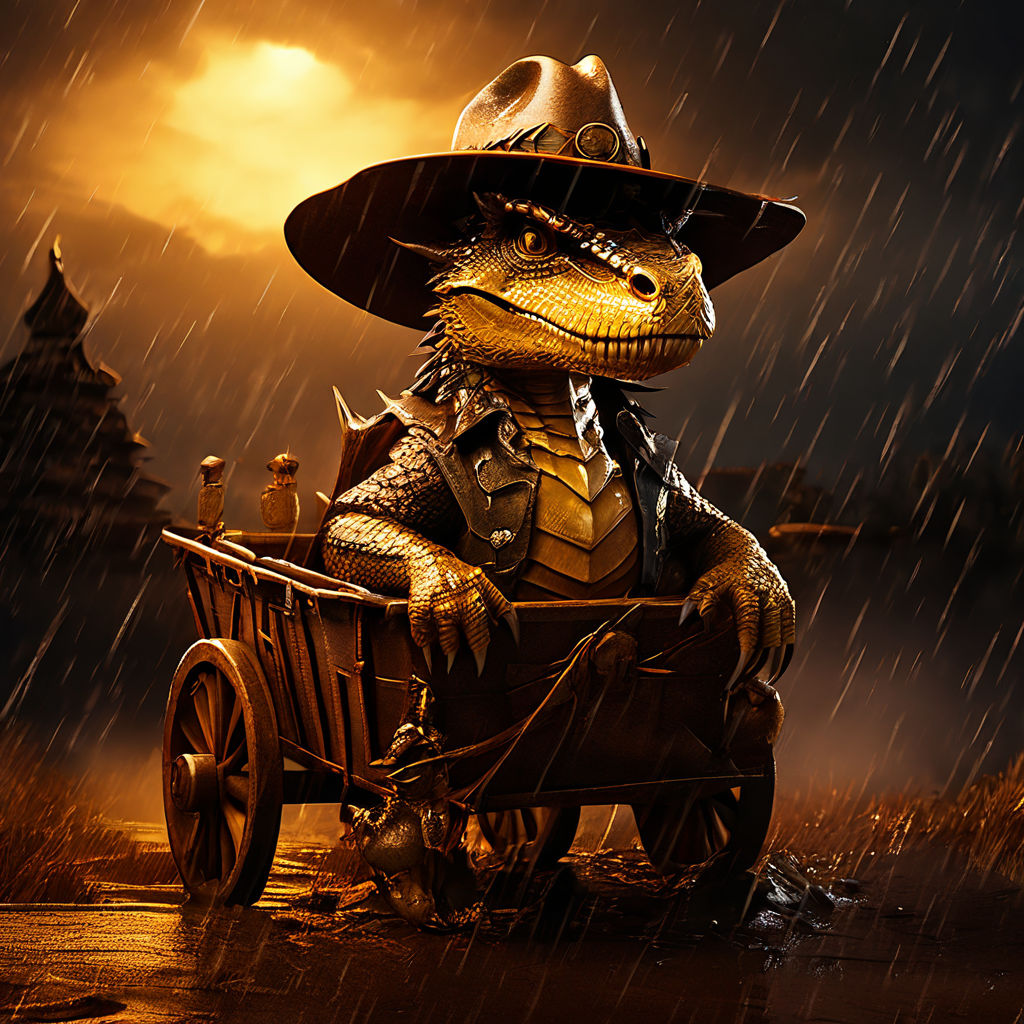 Golden dragon born with cowboy hat sitting on a wagon in the... by ...