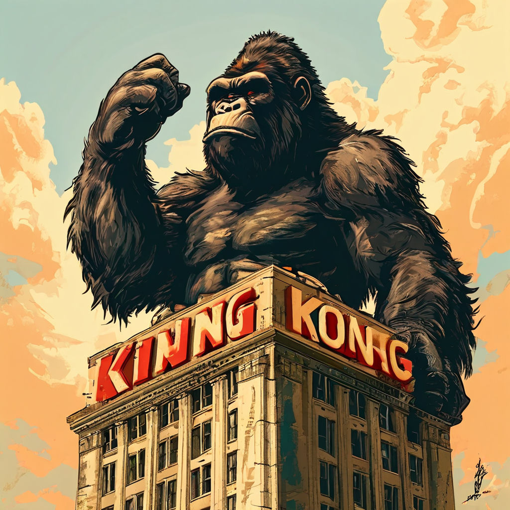 Draw King Kong on top of the building. The building sign sh... by 오로나민 ...