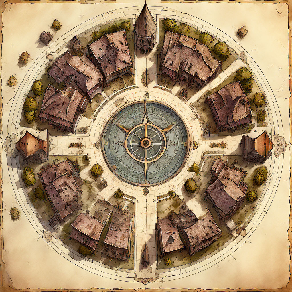 Clock-shaped DnD village map featuring a sundial central fea... by ...