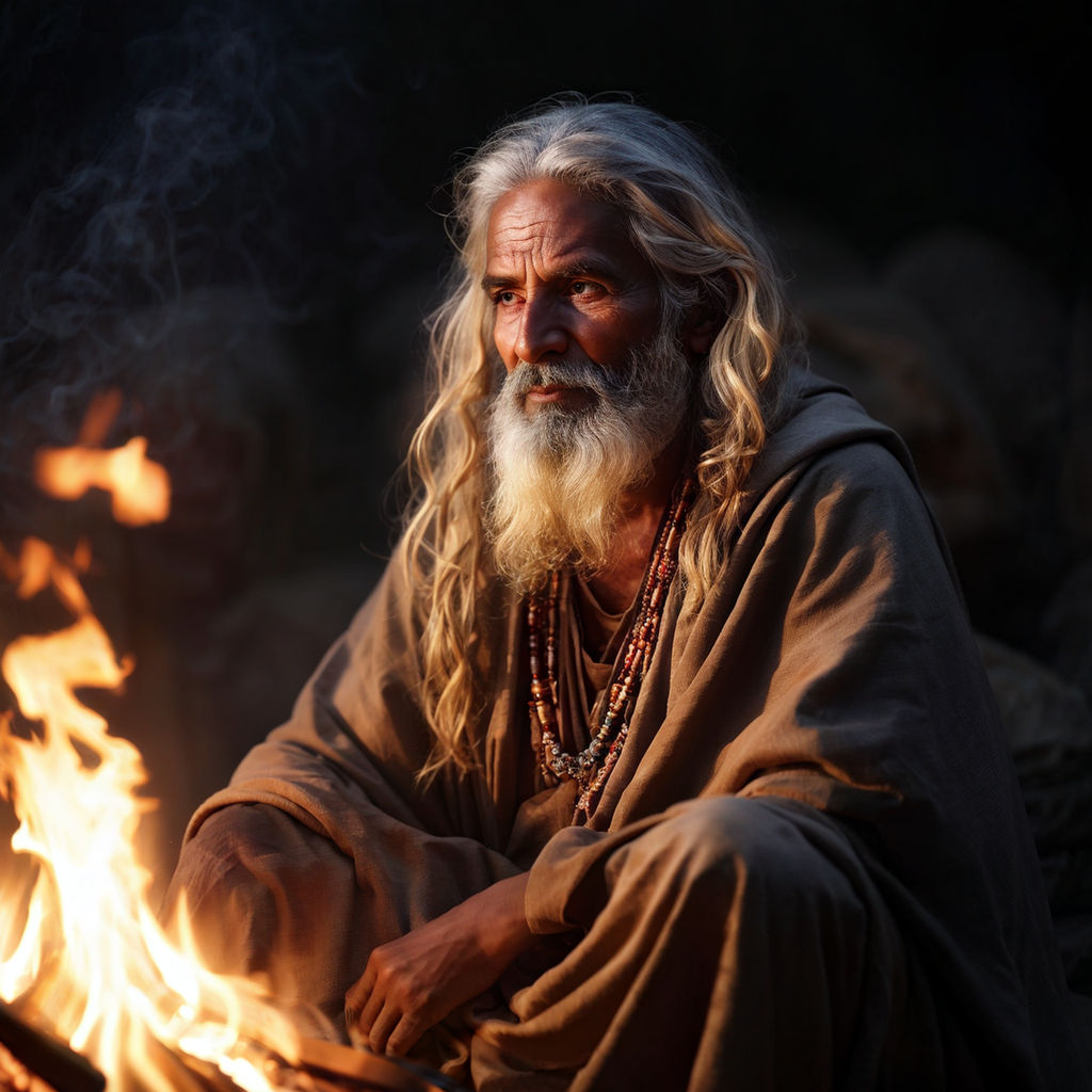 Sage with diagonal light etched wrinkles sits beside fire by Inês ...