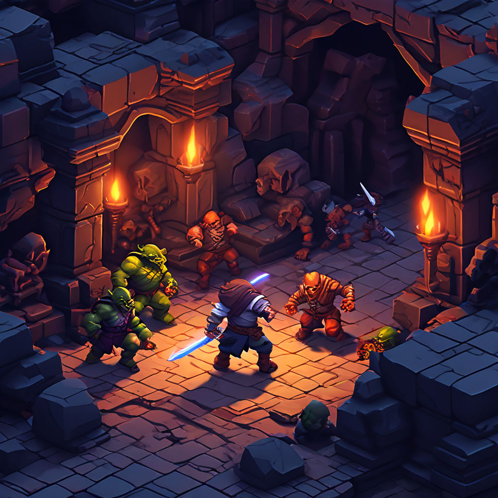 2d 16-bit pixel art of an adventurer fighting off goblins in... by ...