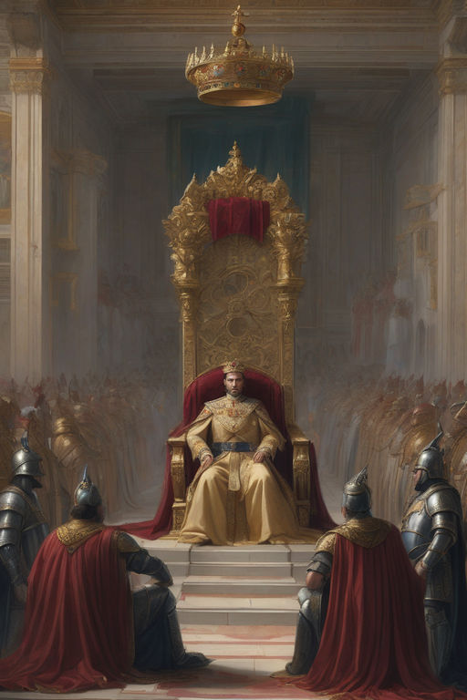 A scene showing the king sitting on his throne in the throne... by Med ...