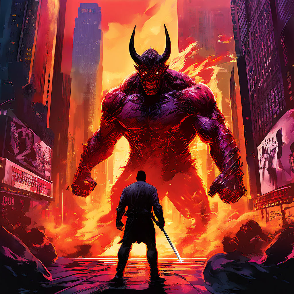 Illustration of a valiant man locked in an epic confrontatio... by john ...