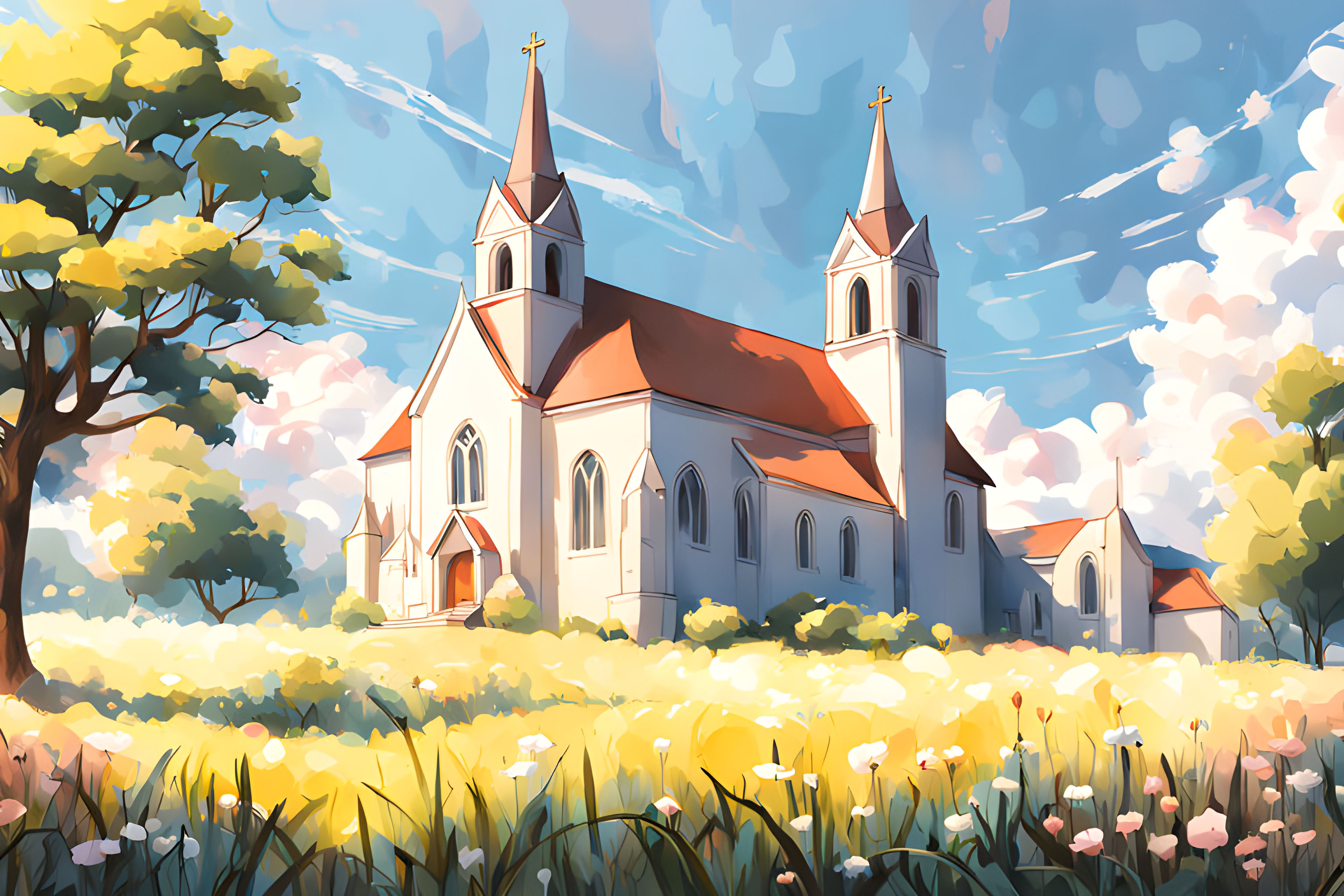 2D digital painting of a quaint church nestled in a field do... by ...