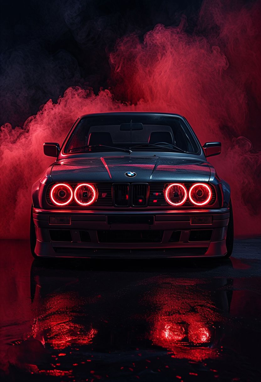 Dramatic BMW E30 Illuminated By Red Headlights In Smoke - Playground