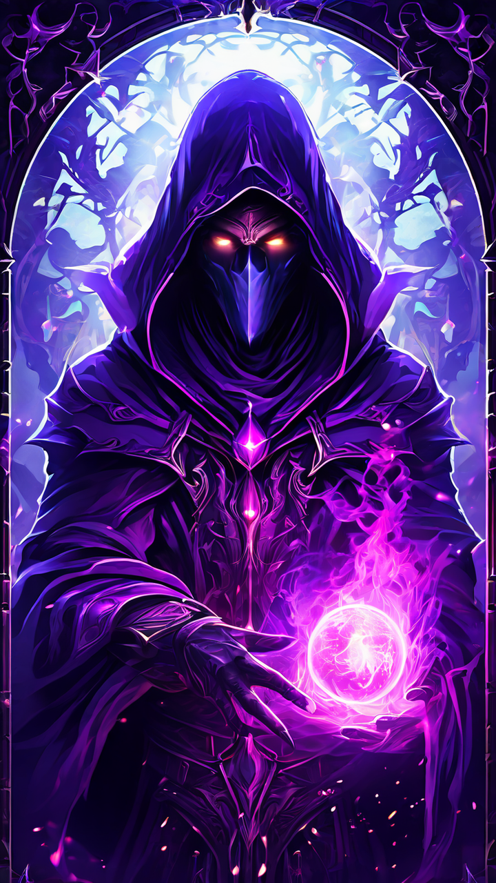 Make in a tarot card style a evil Warlock with a mask using ... by ...
