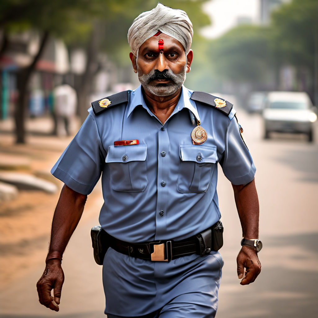 Indian old security guard age 50 is running on the road. dre... by ...