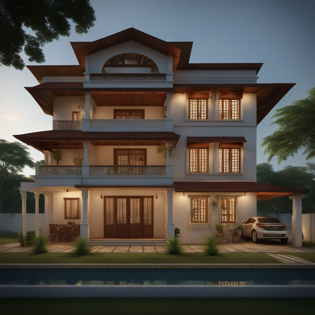 A hyper-realistic render of a South Indian-style farm house ... by ...