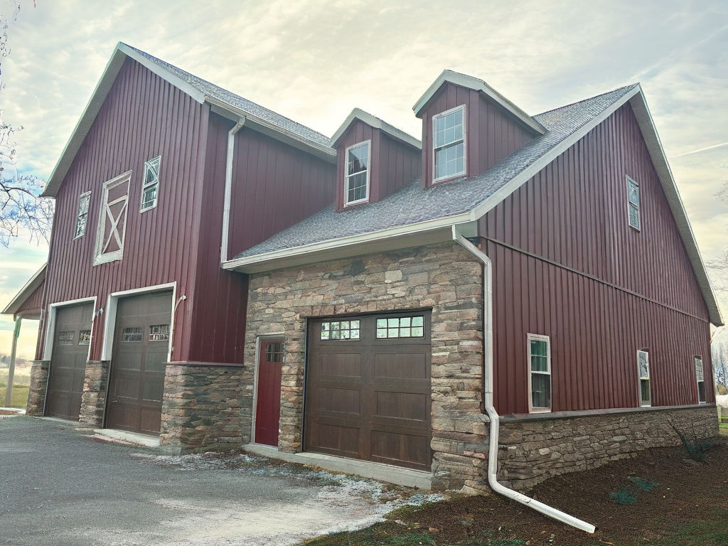 Burgundy traditional barn with a matching shipping container... by ...